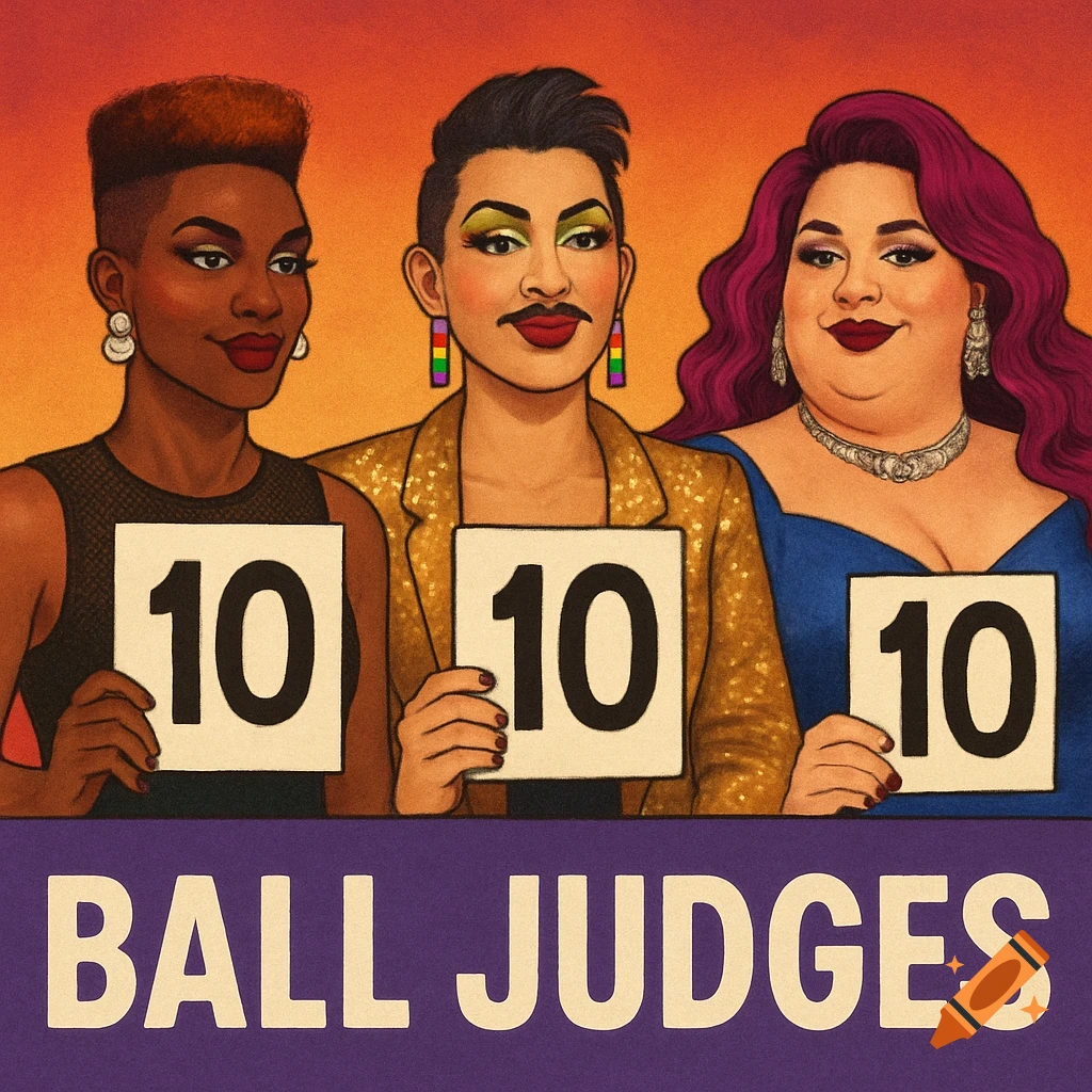 Three stylized ball judges, each holding a '10' score sign, with 'BALL ...
