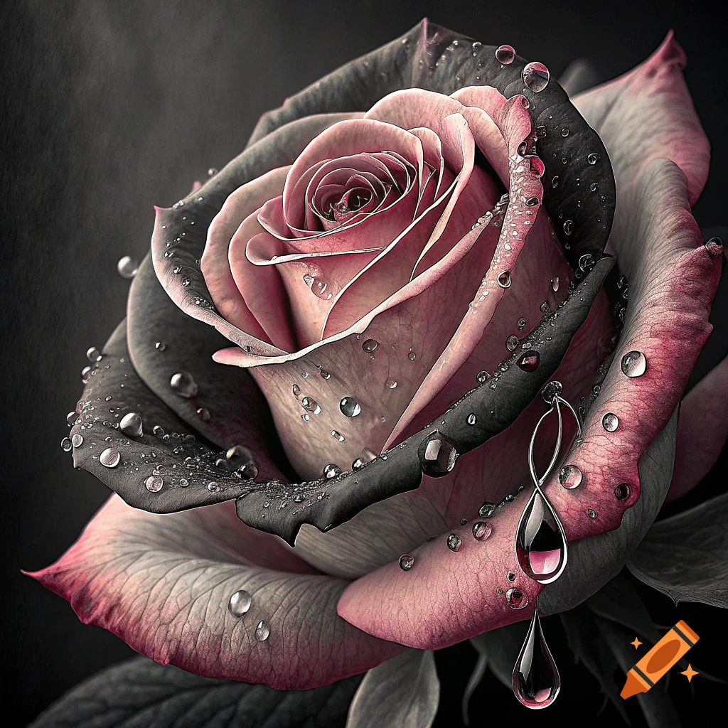 Close-up of a pink and grey rose covered in water droplets, with a ...