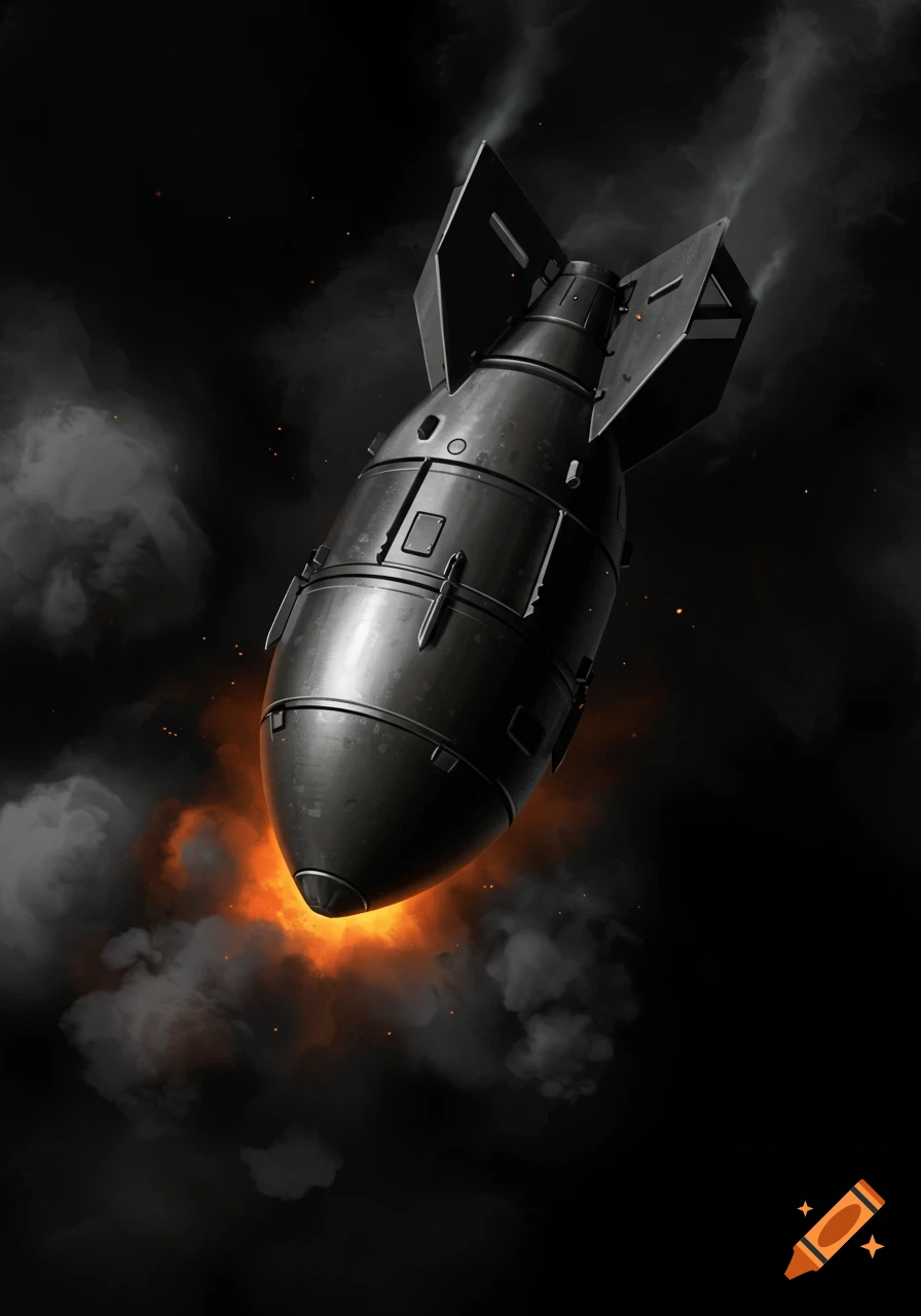 A dark, stylized image of a large bomb falling through smoke, with ...
