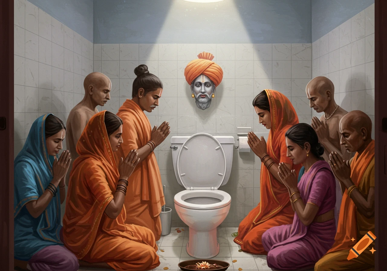People in traditional Indian attire praying in a bathroom with a toilet ...