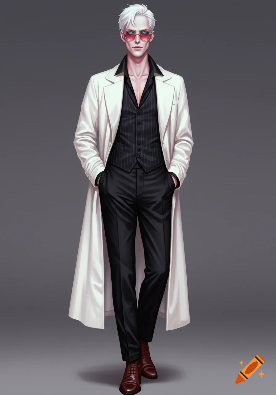 A tall, lean anime-style man with white hair and red sunglasses ...