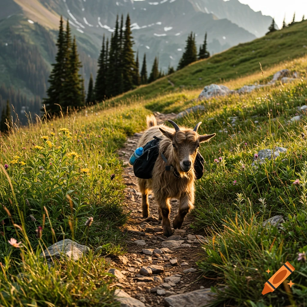 A goat wearing a small backpack walks on a mountain hiking trail amidst ...