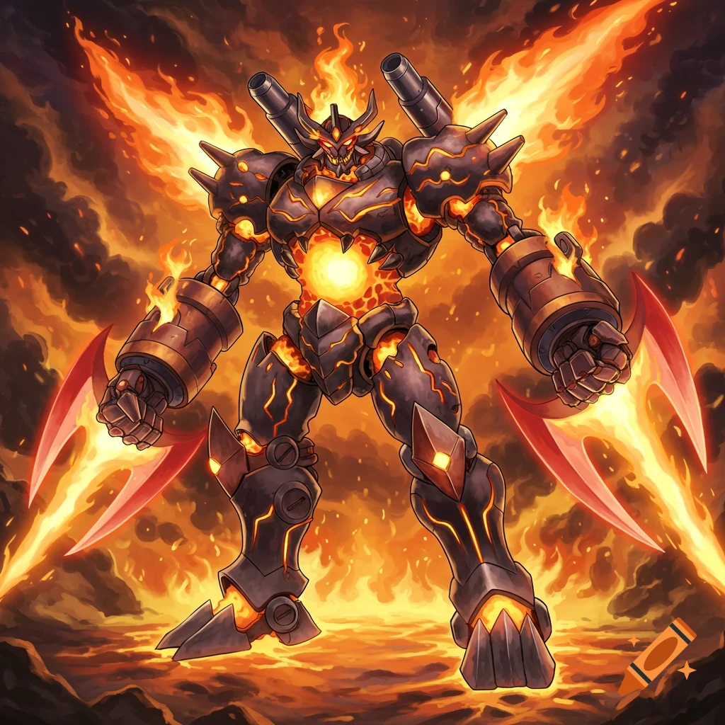 A powerful, detailed fire robot with a glowing core, large armored body ...