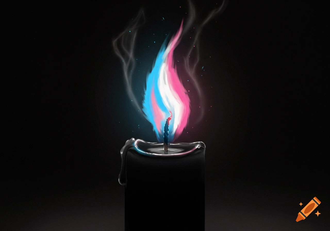 A black candle with a flame burning in the colors of the transgender ...