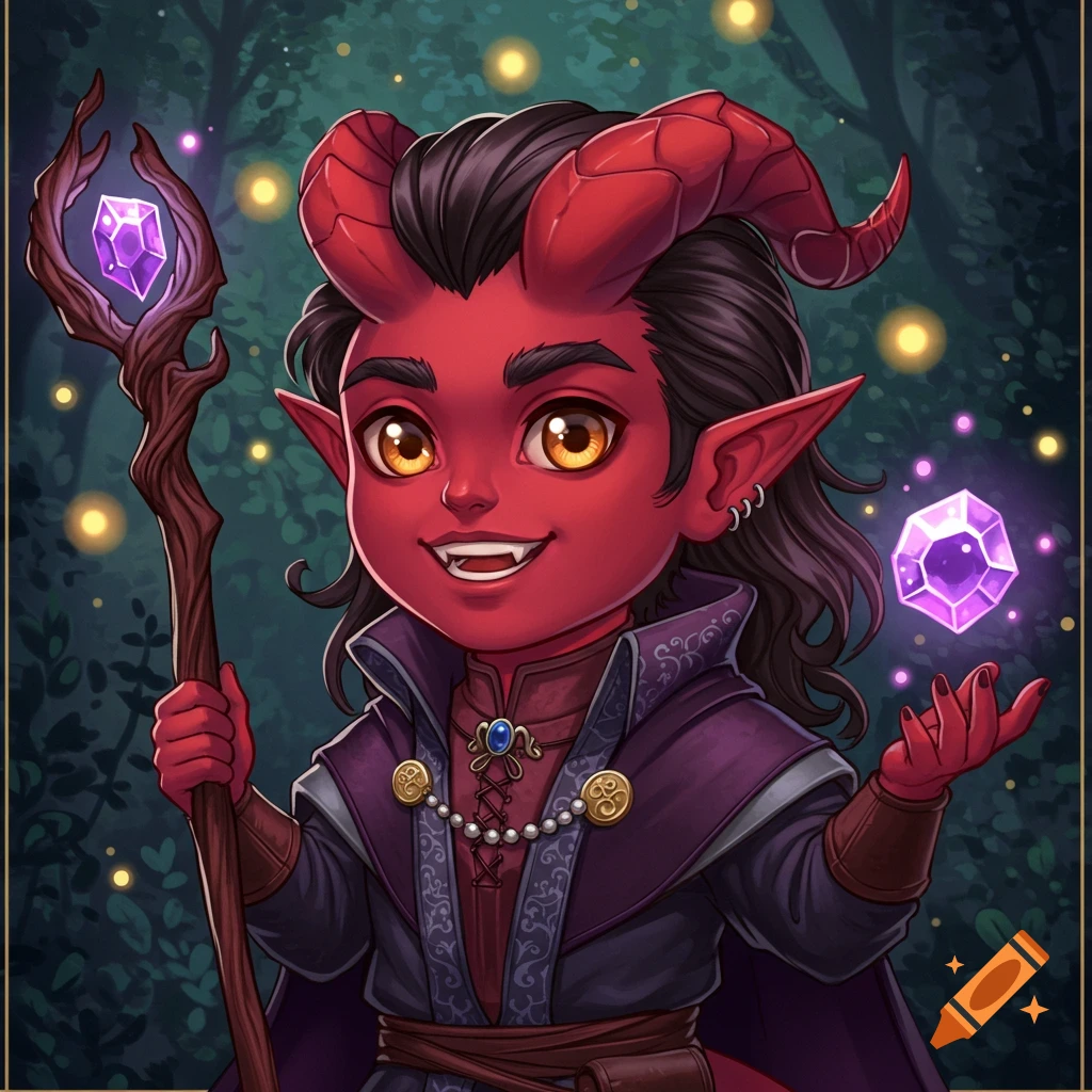 A cute red-skinned tiefling character with horns and a staff, smiling ...