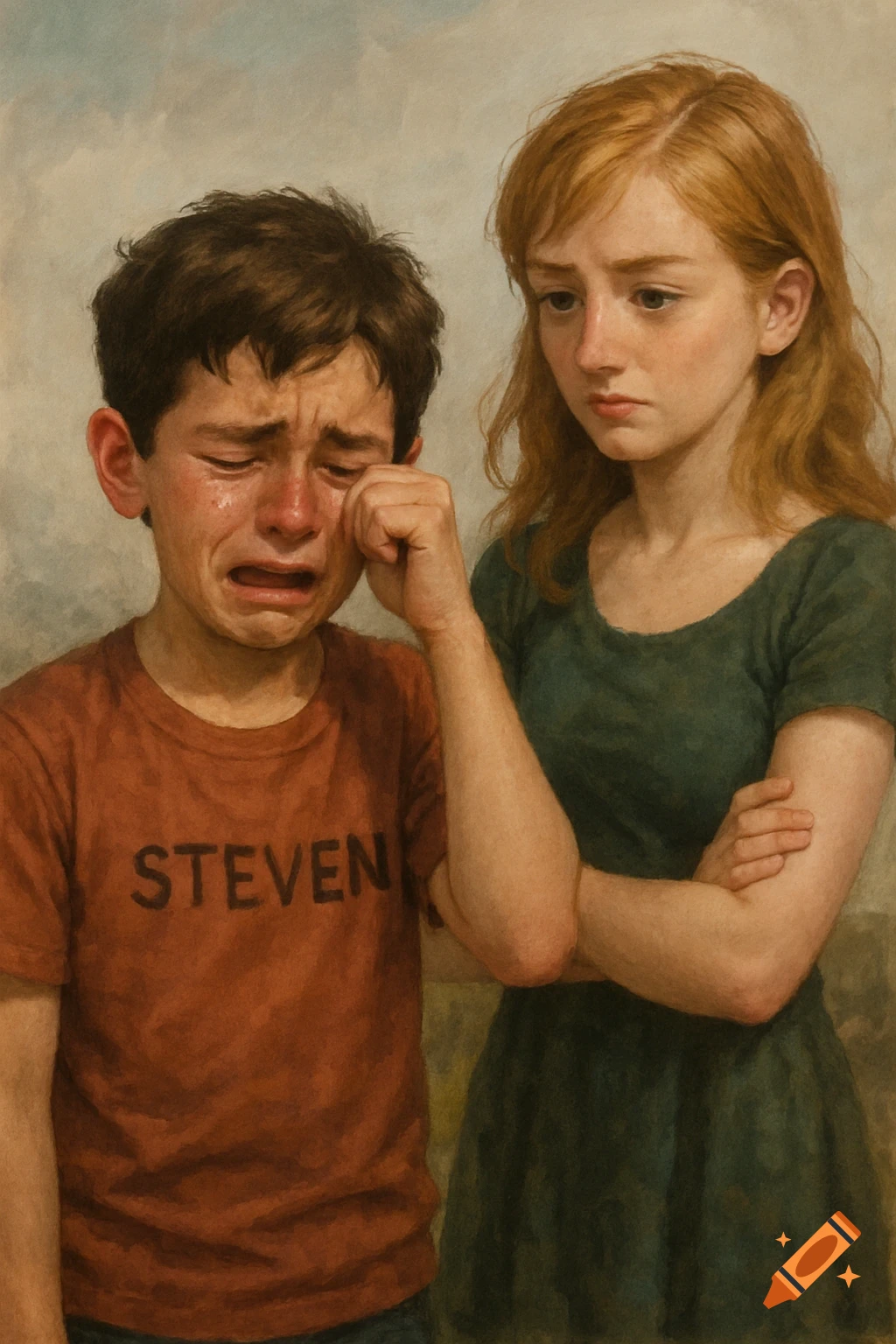 A boy named Steven cries as a girl with red hair stands beside him ...