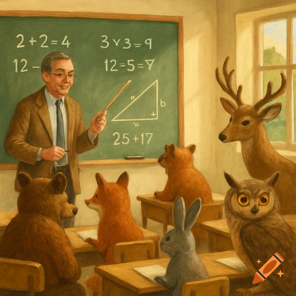 A smiling male teacher points to a chalkboard with math problems while ...