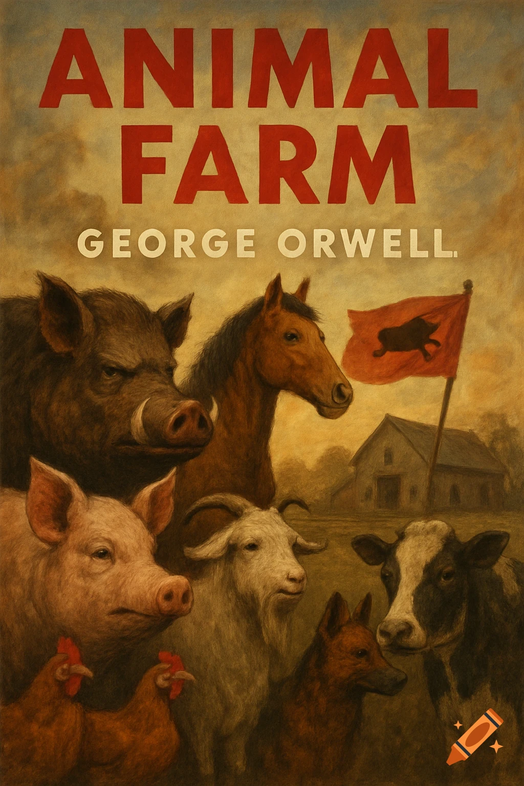 Illustrative book cover for Animal Farm by George Orwell, featuring ...