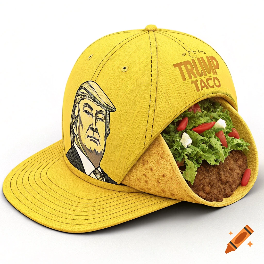 Yellow baseball cap with a Donald Trump caricature, filled with a taco ...