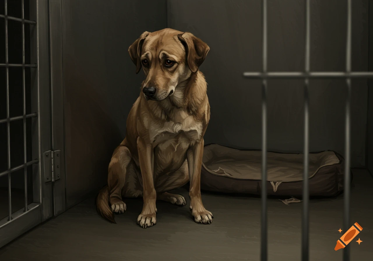 A sad brown dog sits alone inside an animal shelter kennel, looking ...