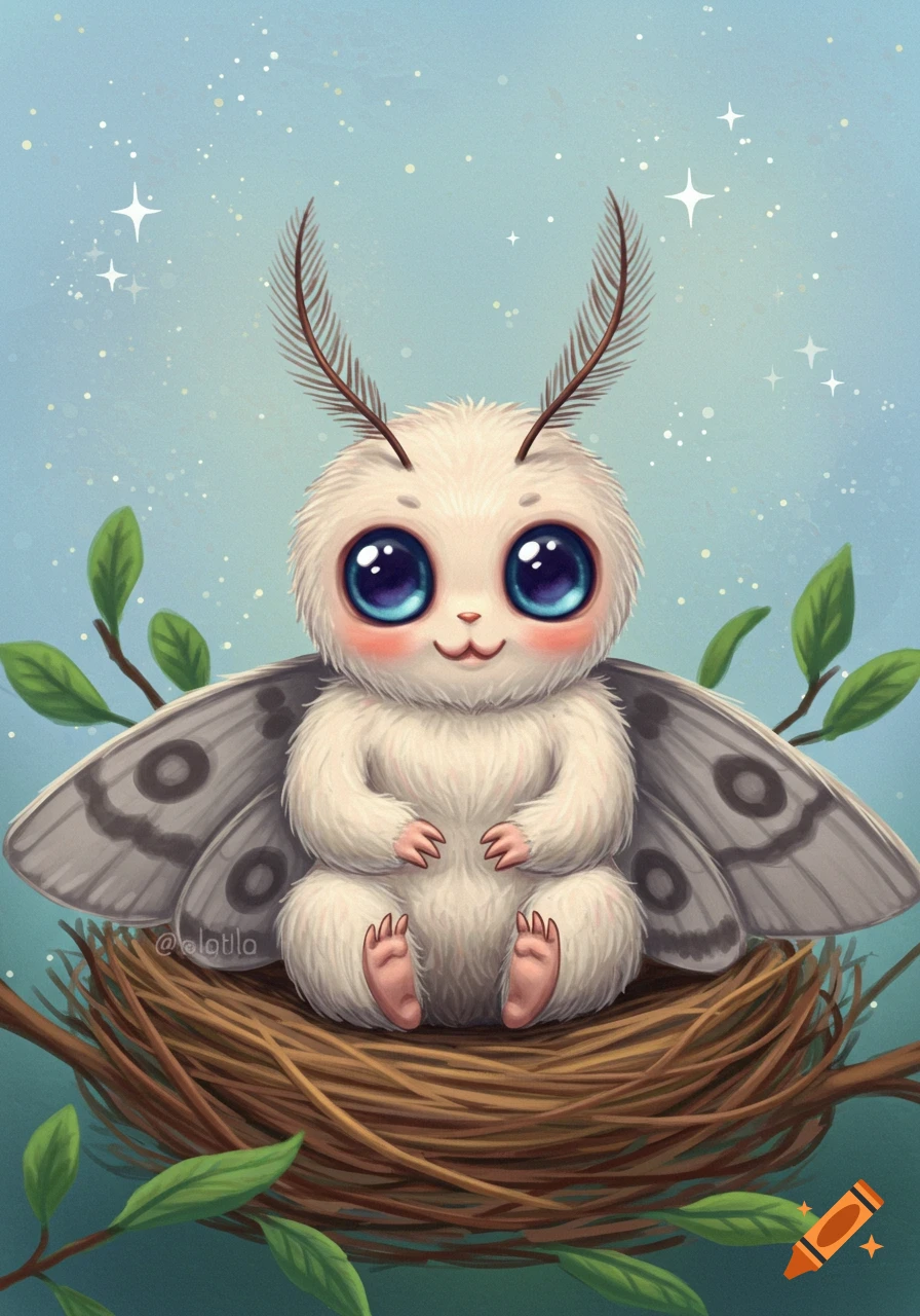 An illustration of a fluffy white baby moth with large blue eyes ...