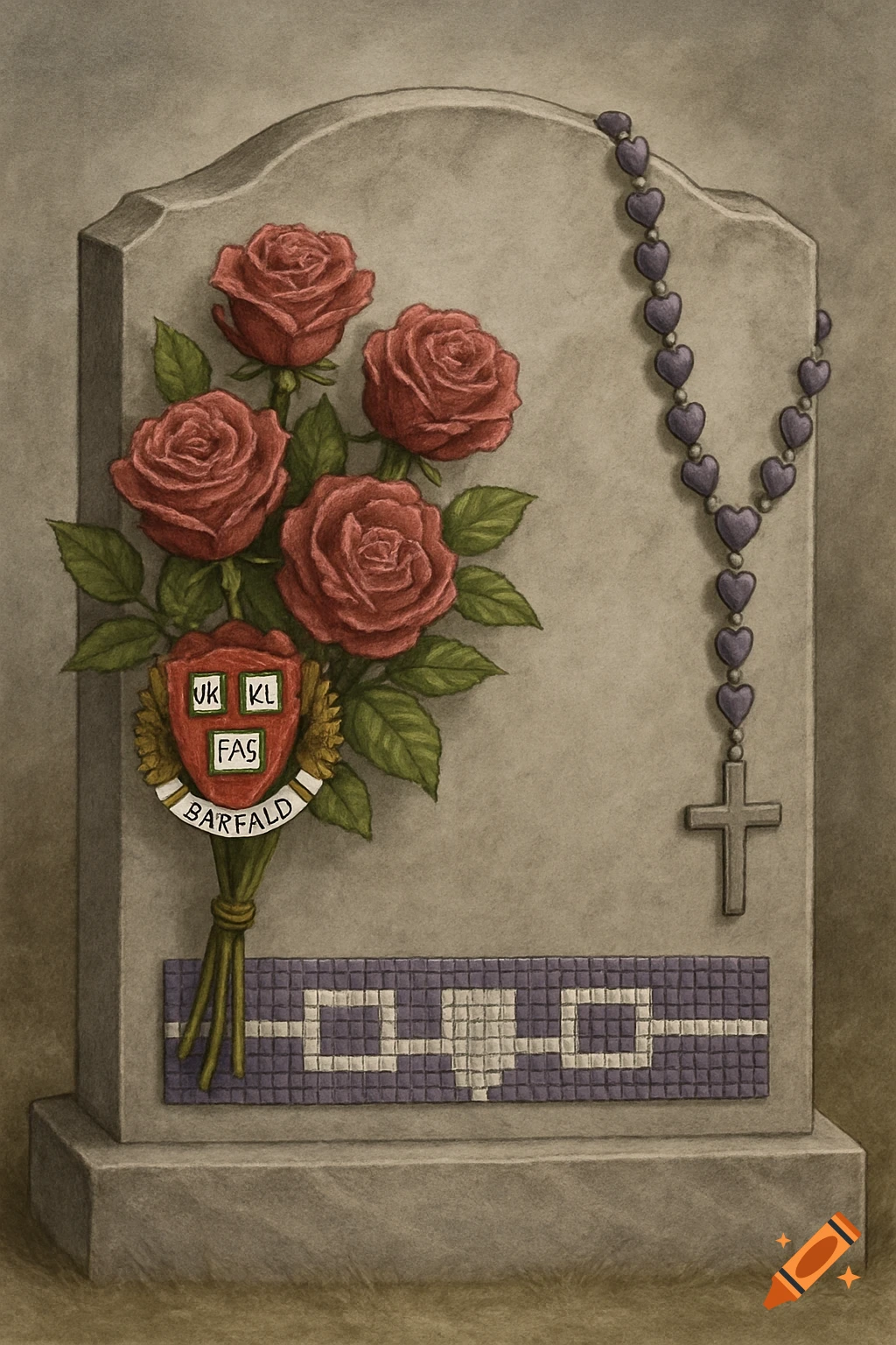 A stylized image of a gray headstone with a bouquet of red roses, a ...