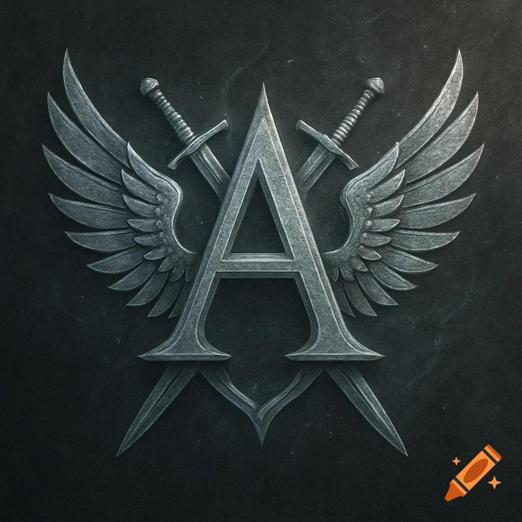A stylized silver letter A with wings and crossed swords on a dark ...