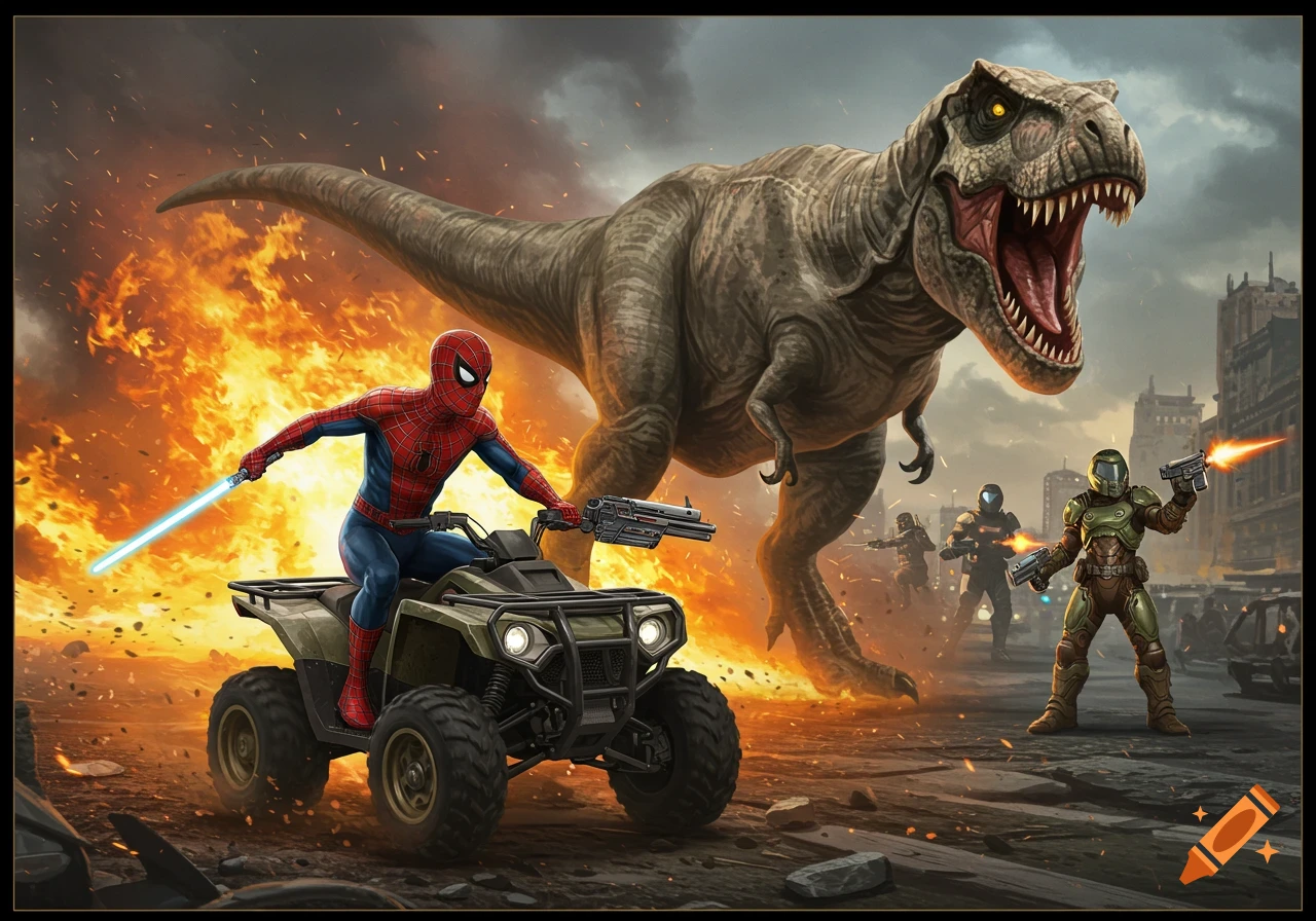 Spider-Man on an ATV with a lightsaber and gun, fleeing a T-Rex amidst ...