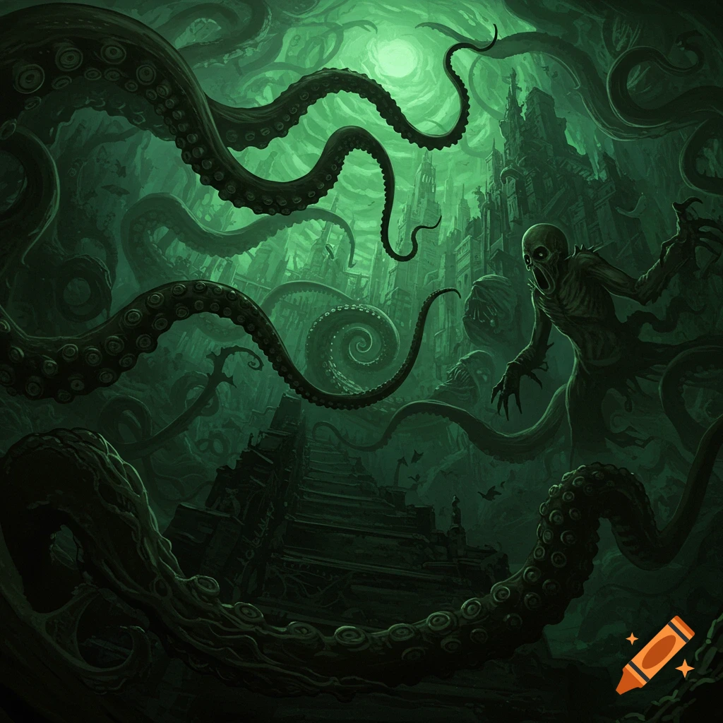 A dark, green-hued illustration of a monstrous, skeletal figure with ...