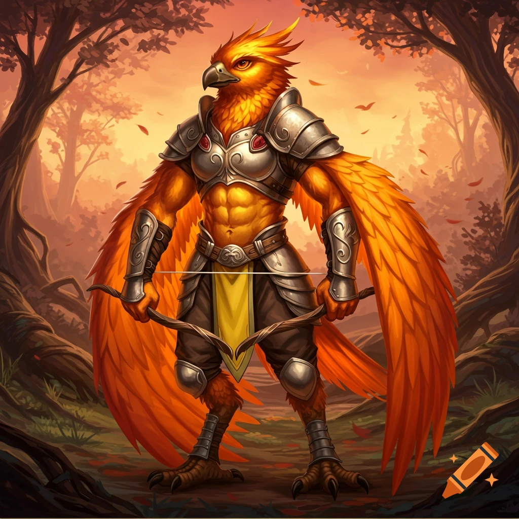An orange anthropomorphic phoenix warrior in light armor holds a bow in ...