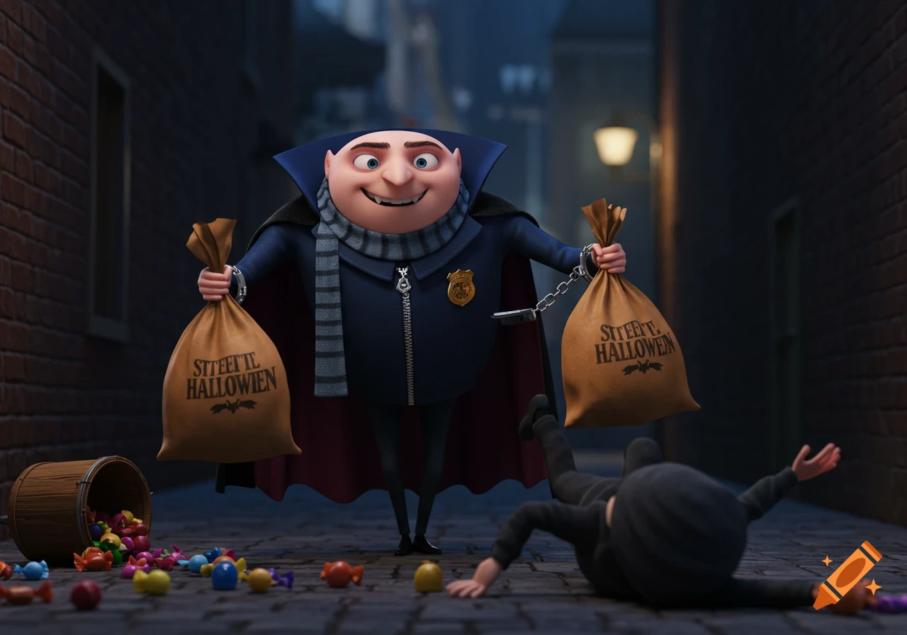 Gru, dressed as a vampire police officer, holds two bags of Halloween ...