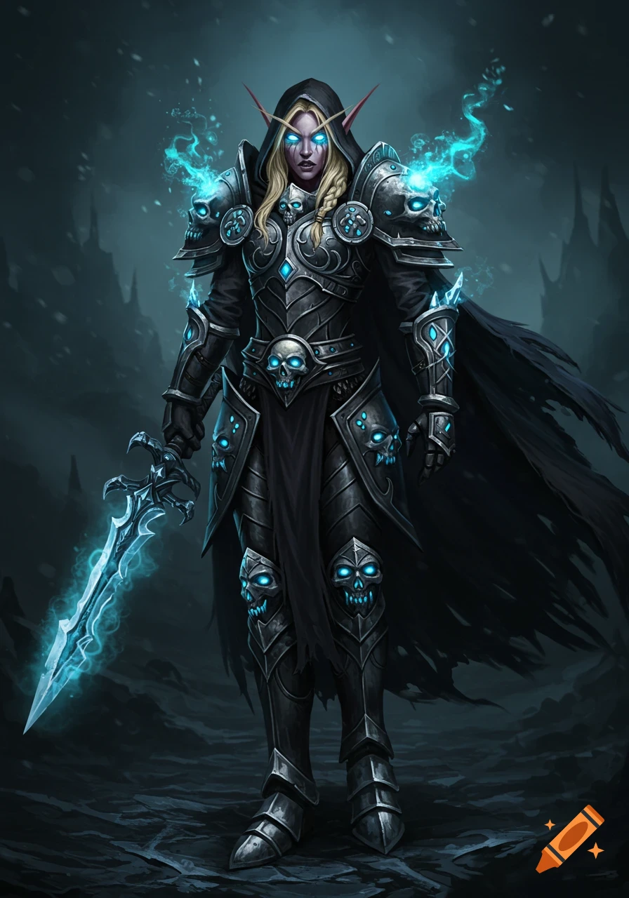 A female blood elf frost death knight in glowing dark armor with skull ...
