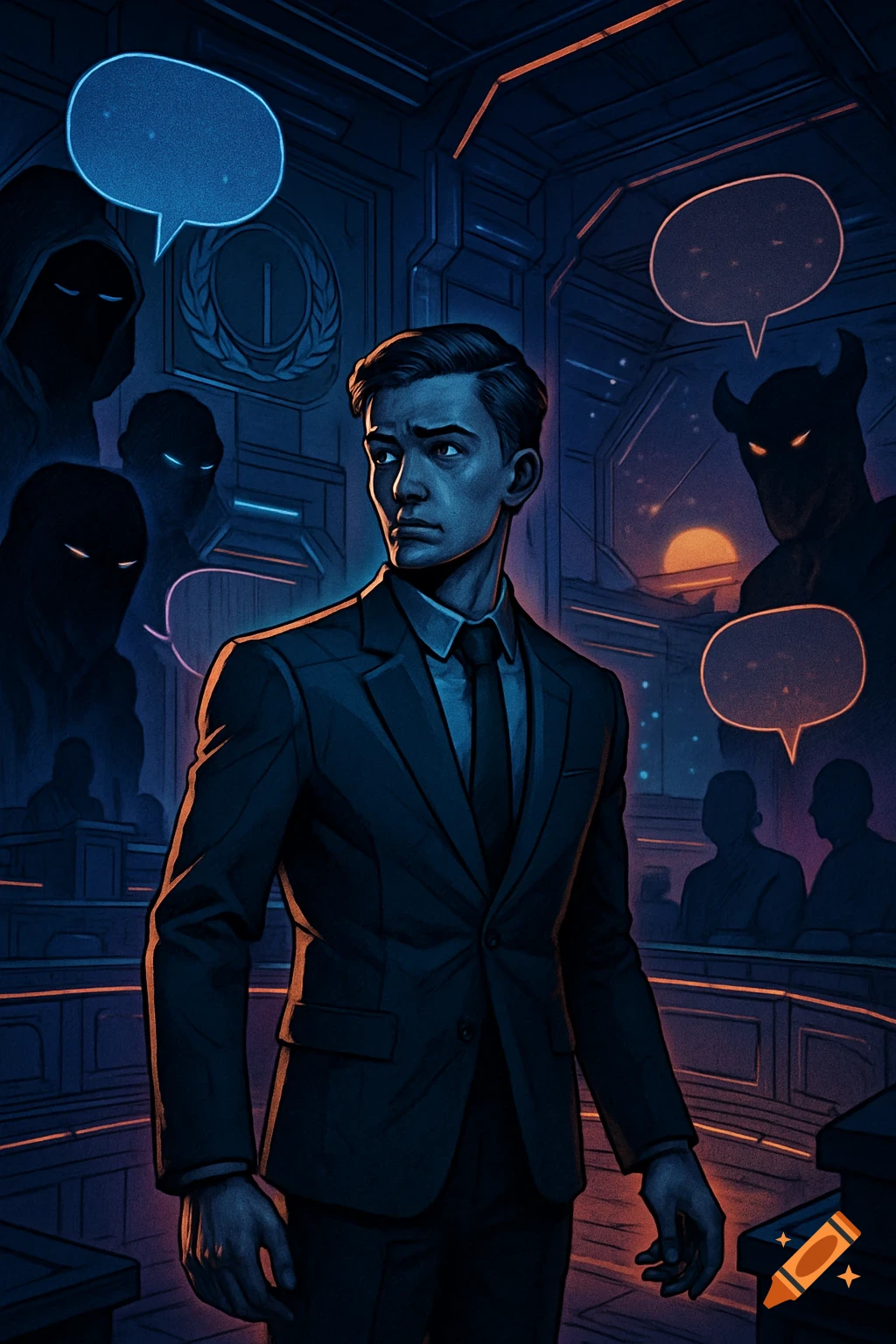 A dramatic graphic novel style scene shows a young politician in a suit ...