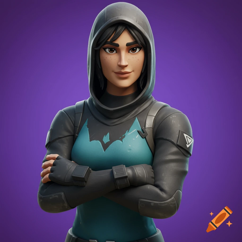 A Fortnite character with dark hair in a grey hood and teal top, arms ...