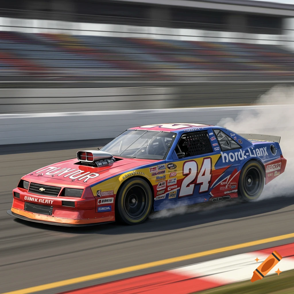 A red and blue stock car with the number 24 speeds around a race track ...