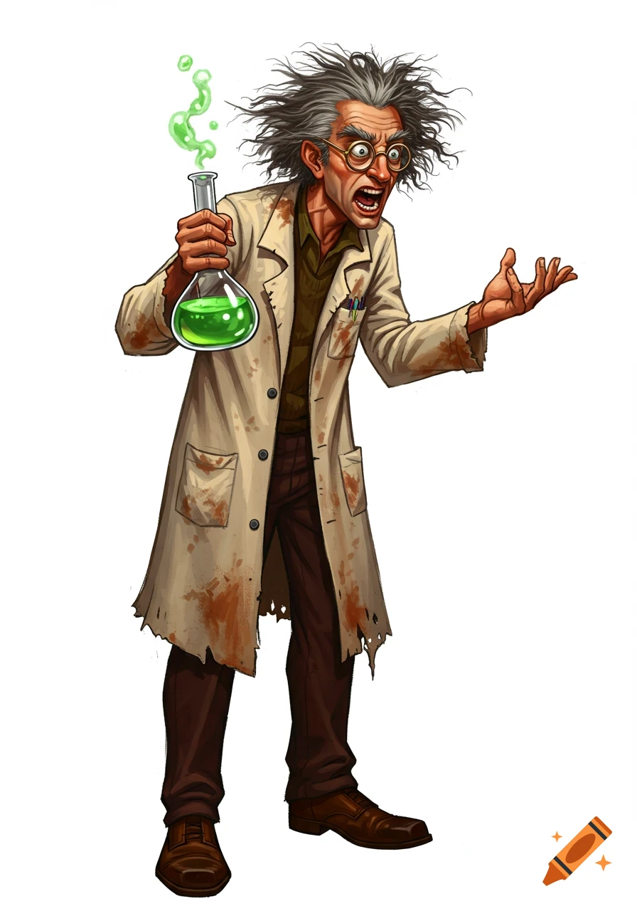 A cartoonish mad scientist with wild hair and tattered lab coat holds a ...