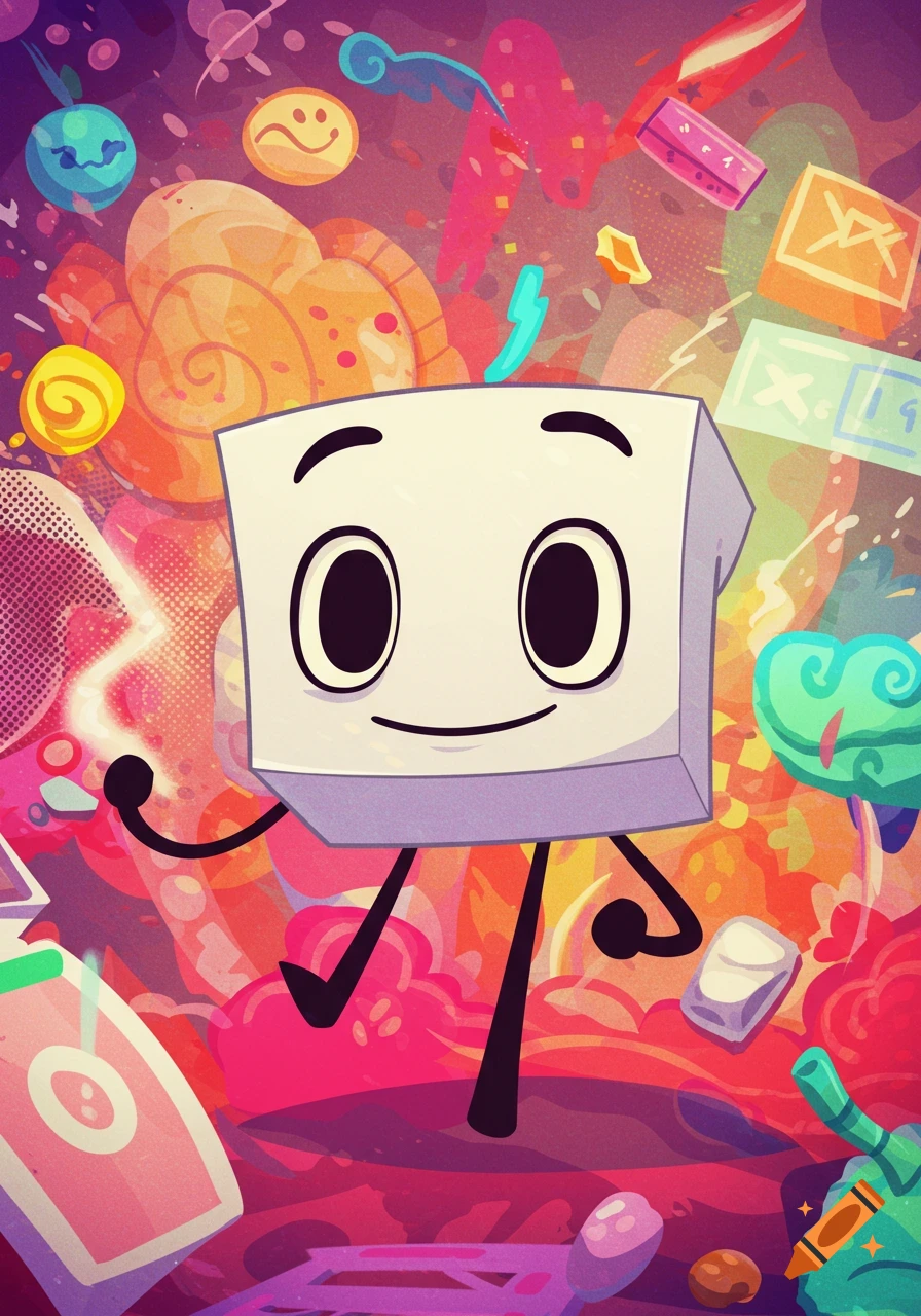 A happy, white, rectangular cartoon character with black stick limbs ...