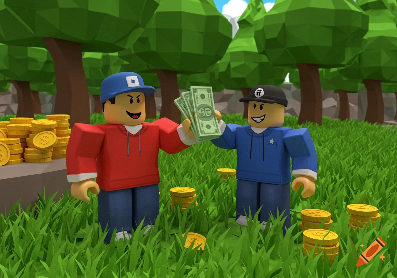 Two Roblox characters in a low-poly forest exchange money, with piles ...