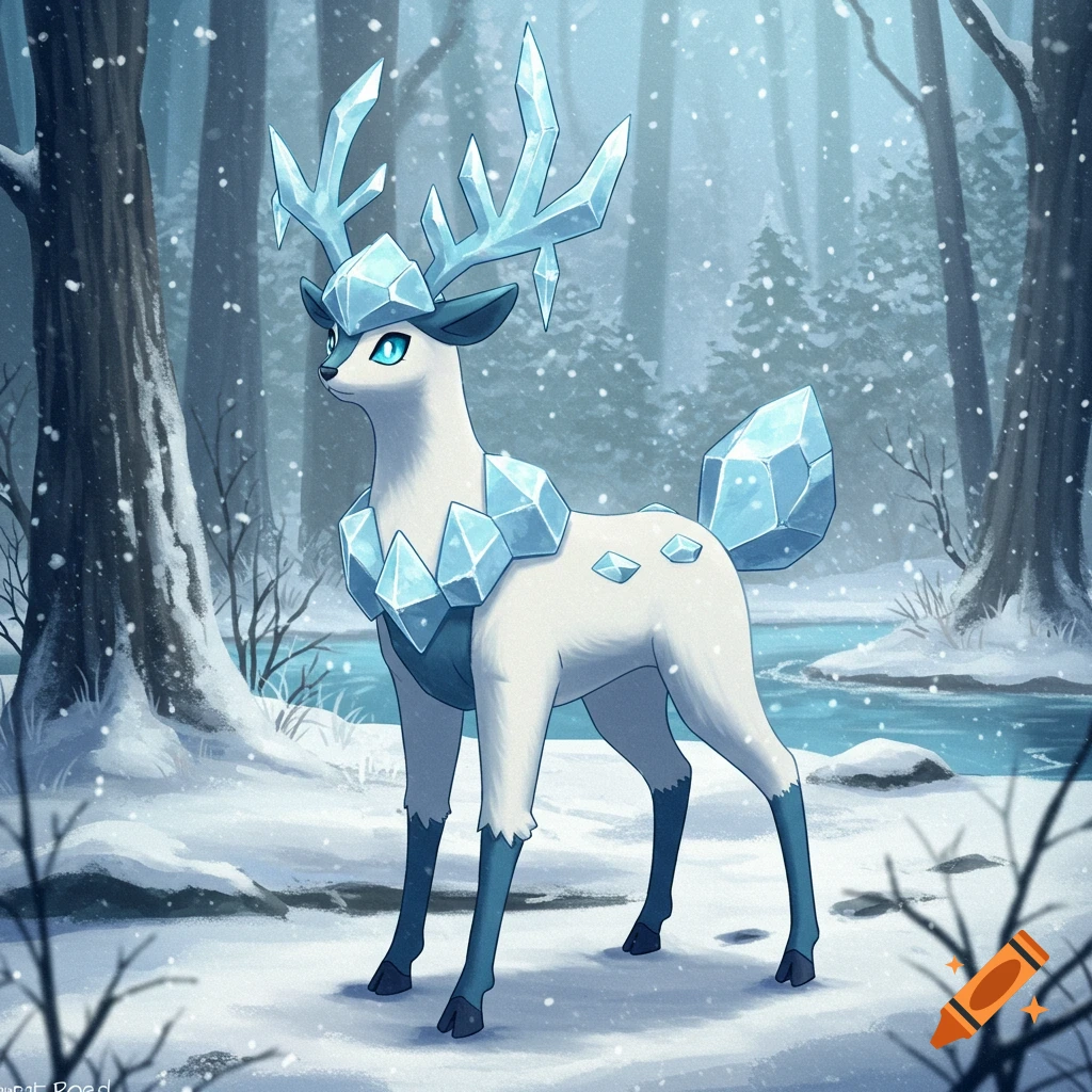 An ice-type Pokémon-like deer with crystal antlers and chest pieces ...