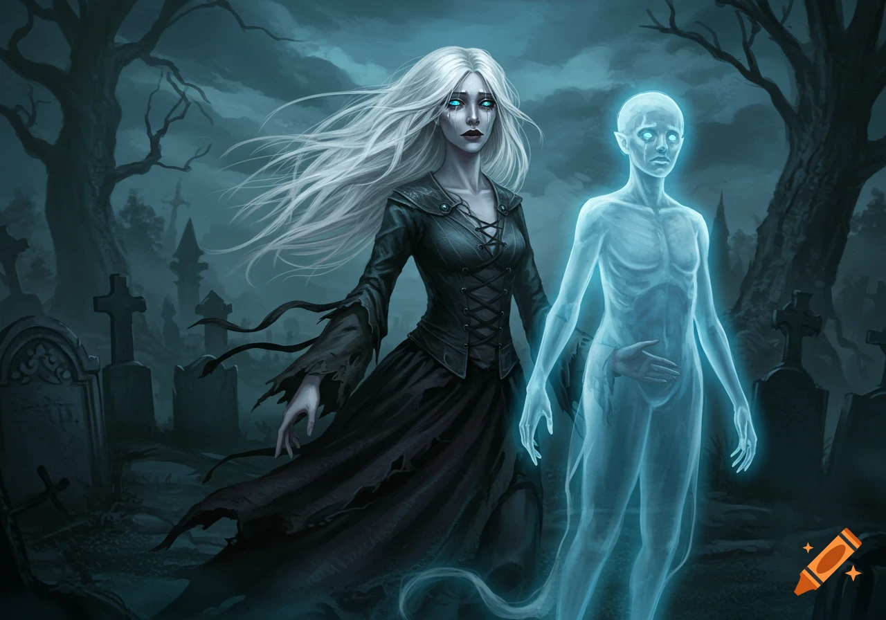 A pale woman with long white hair and dark clothes stands in a gloomy ...