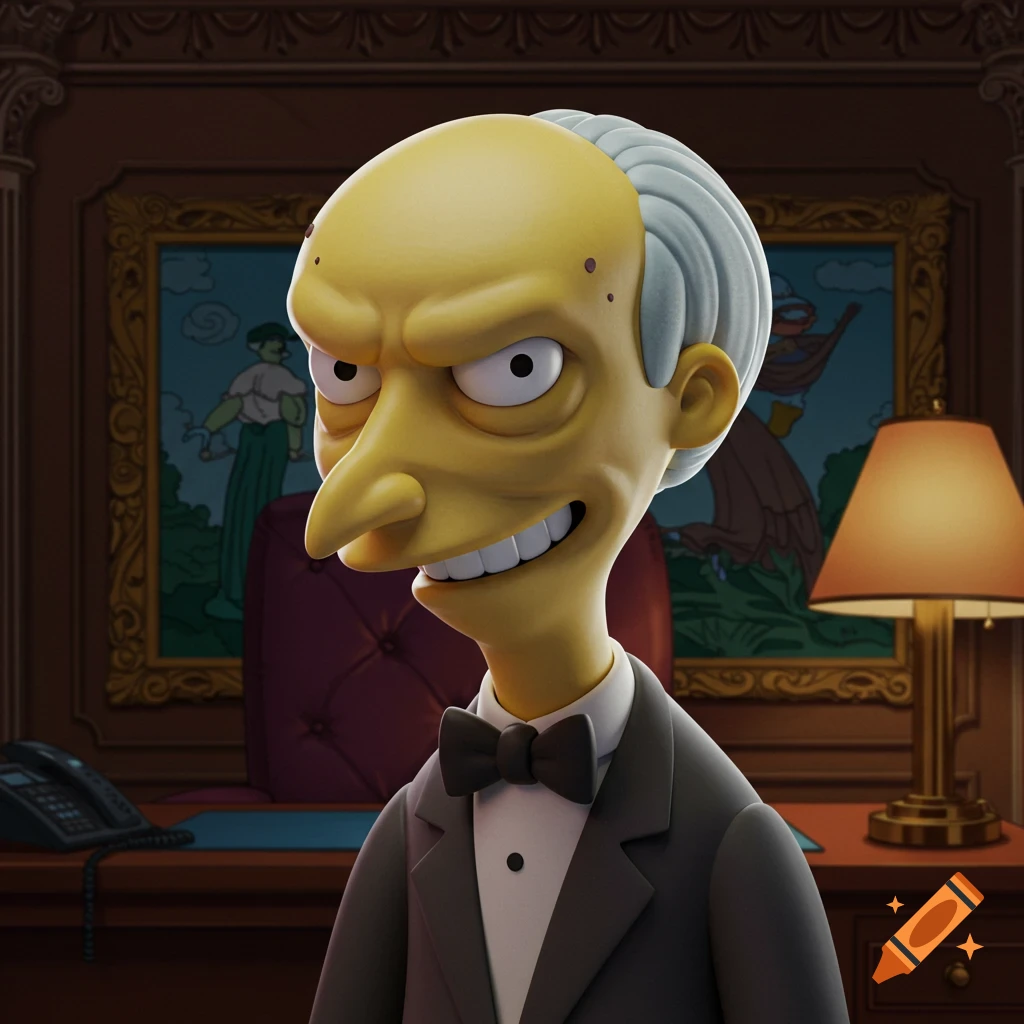 A 3D render of Mr. Burns from The Simpsons, wearing a tuxedo, smirking ...