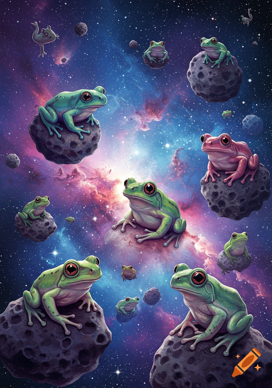 Cartoon-like frogs float on asteroids through a colorful nebula in ...