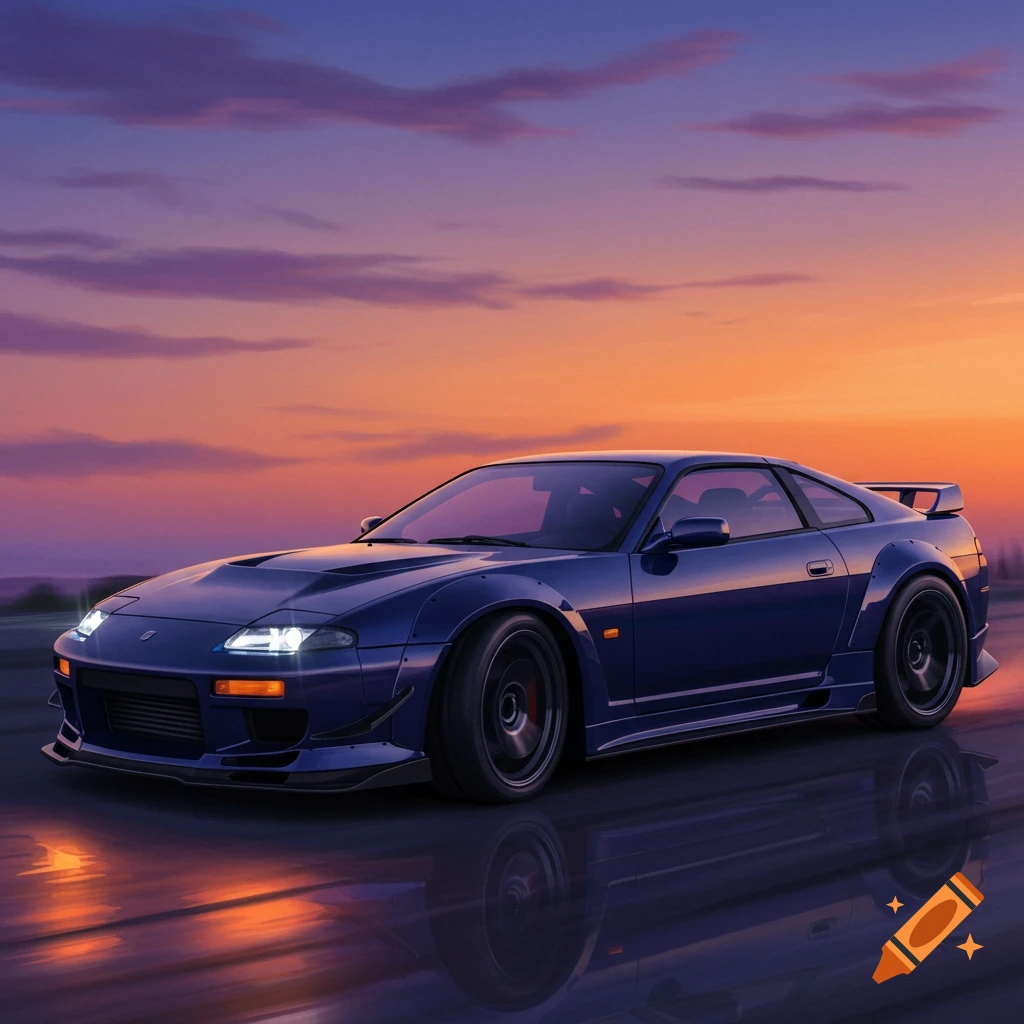 Dark blue modified sports car on a wet reflective road under a vibrant ...