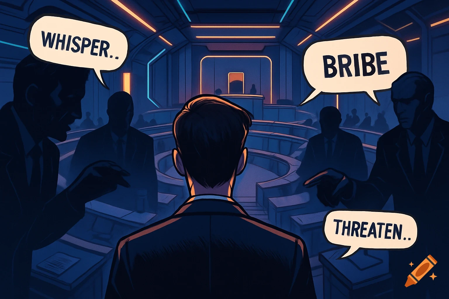 A graphic novel style image of a young politician facing shadowy ...