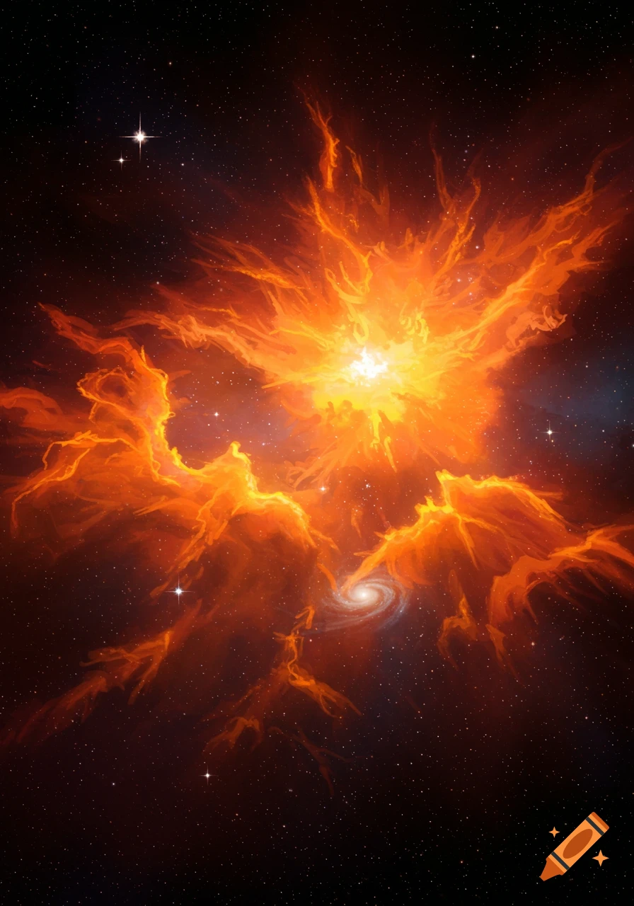 A vibrant orange and red nebula explodes in deep space, surrounded by ...