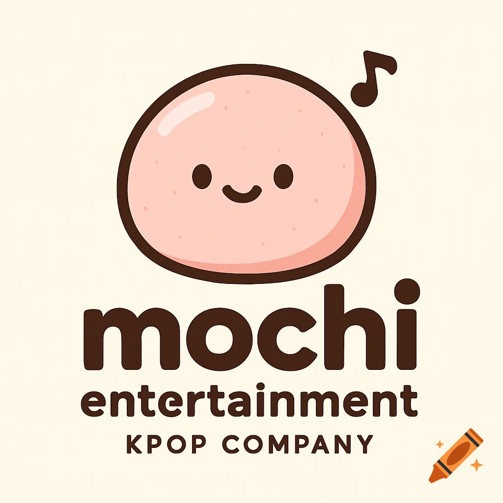 Cute cartoon logo for 'Mochi Entertainment' Kpop company, featuring a smiling pink mochi ...