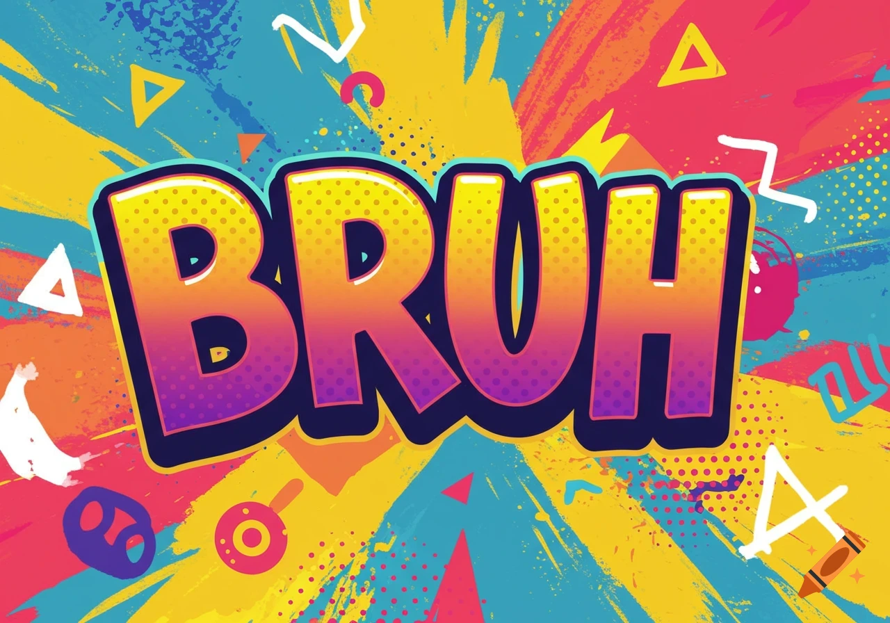 The word 'BRUH' in large, colorful pop art bubble letters on a vibrant ...
