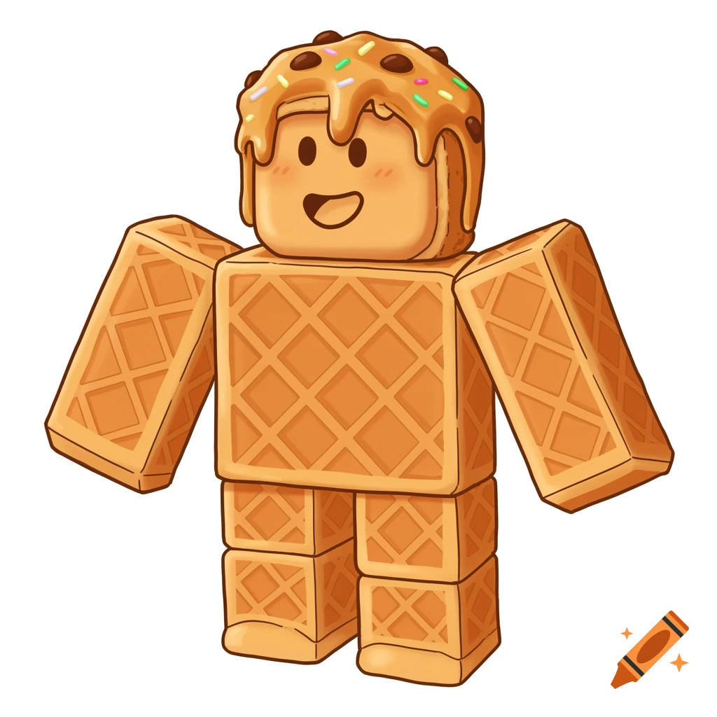 A cartoon Roblox avatar made of waffle texture with a happy face ...