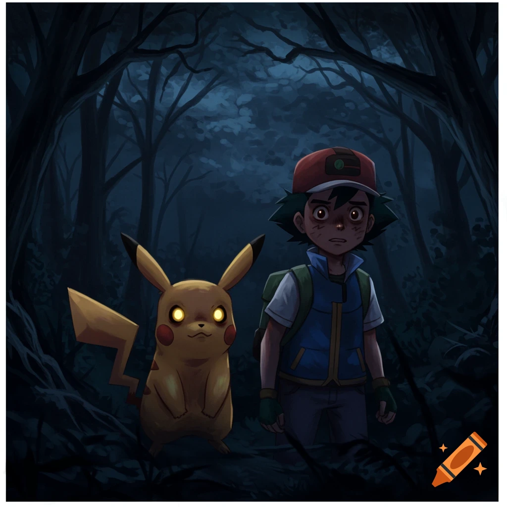Ash and Pikachu look scared in a dark, spooky forest with glowing eyes ...