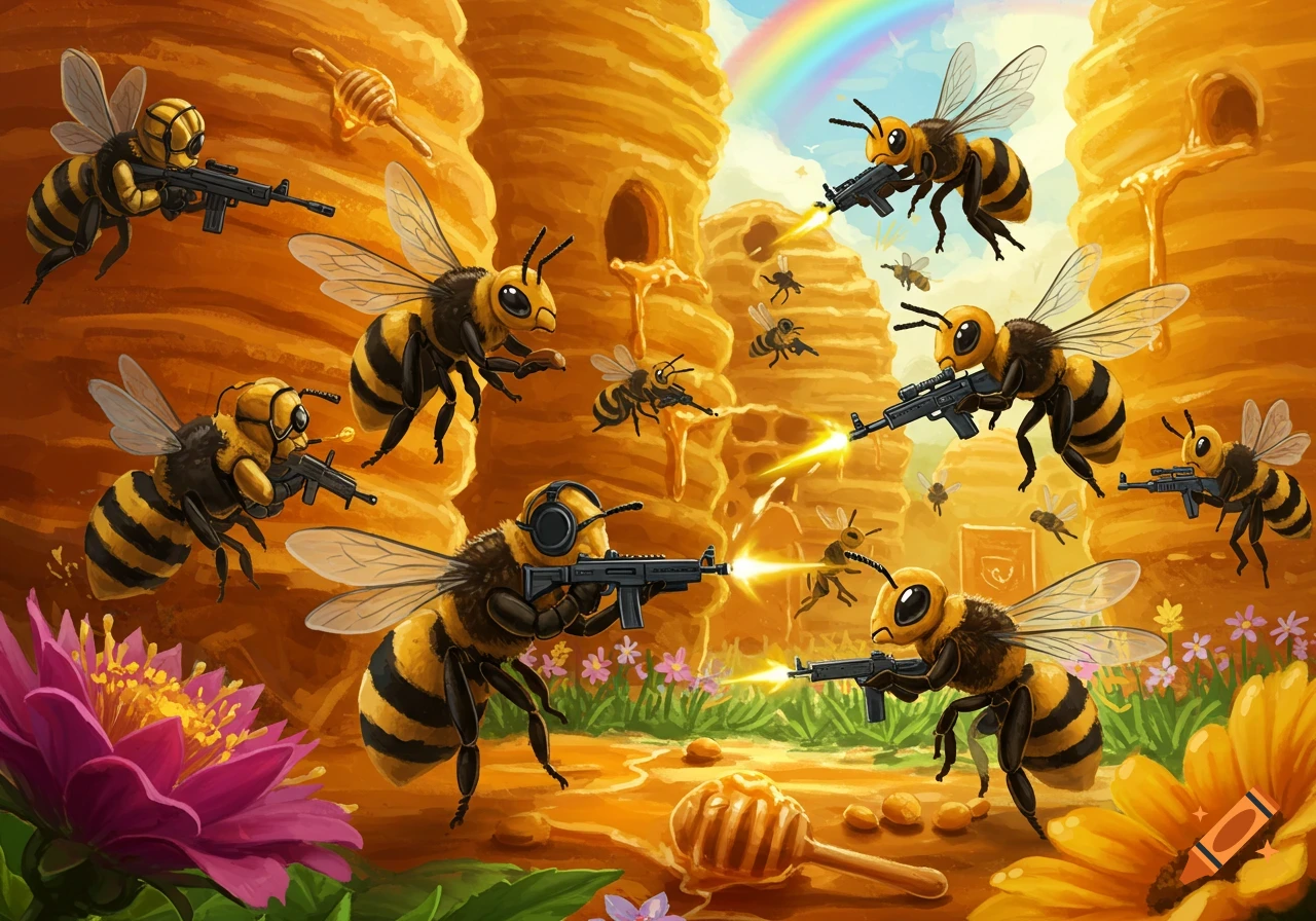Cartoon bees with guns shooting lasers around honeycombs, with flowers ...