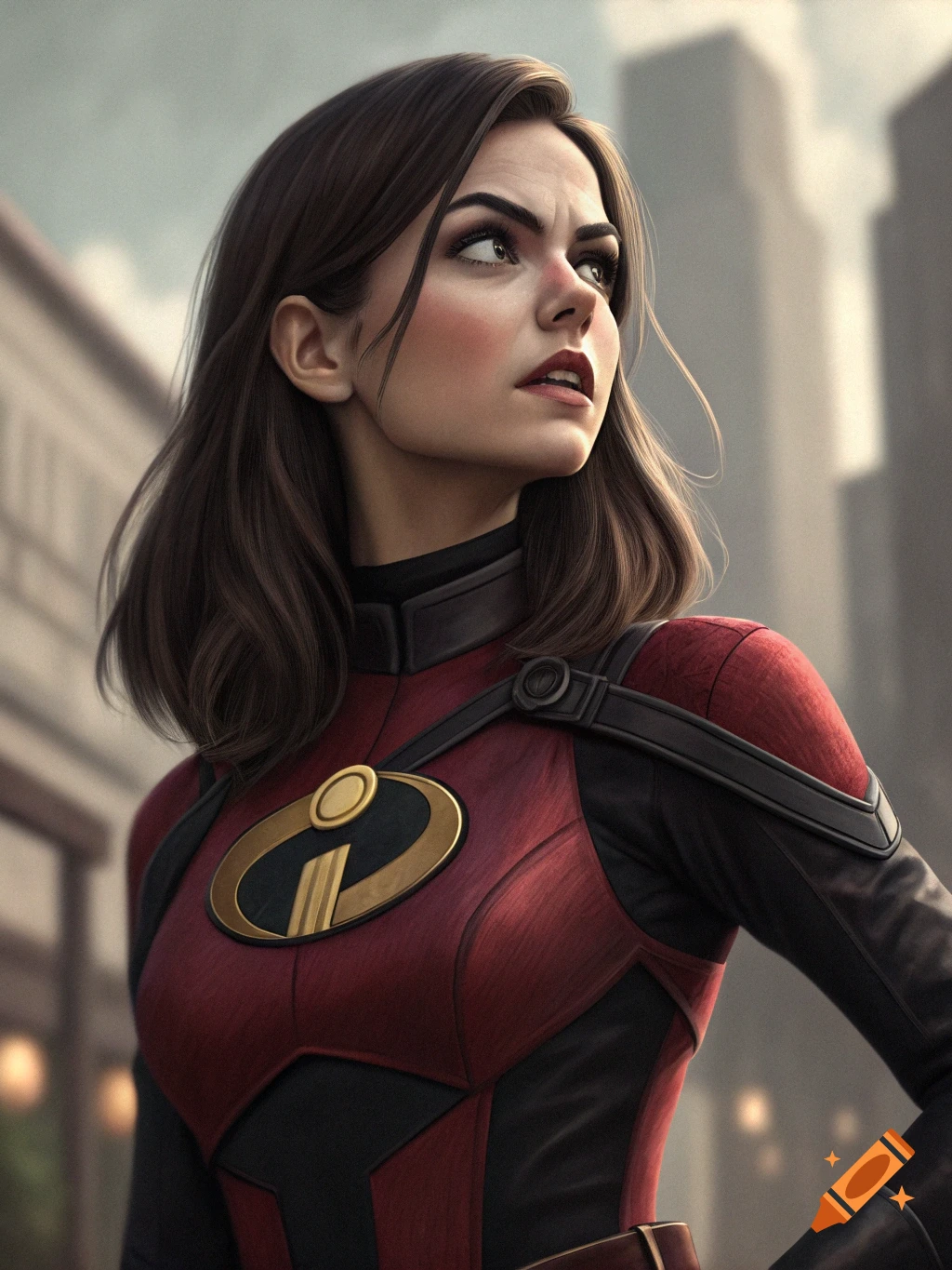 A woman resembling Victoria Justice as Violet Parr in a dark superhero suit with an 'i' logo ...