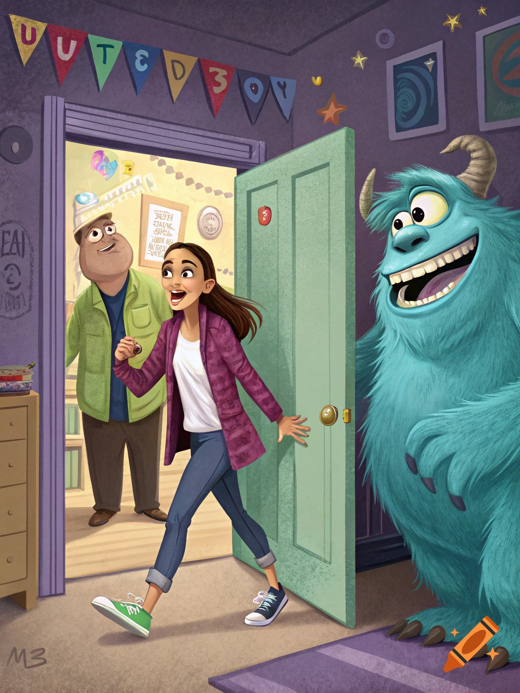 A young woman excitedly runs out of a closet, with a smiling Sulley ...