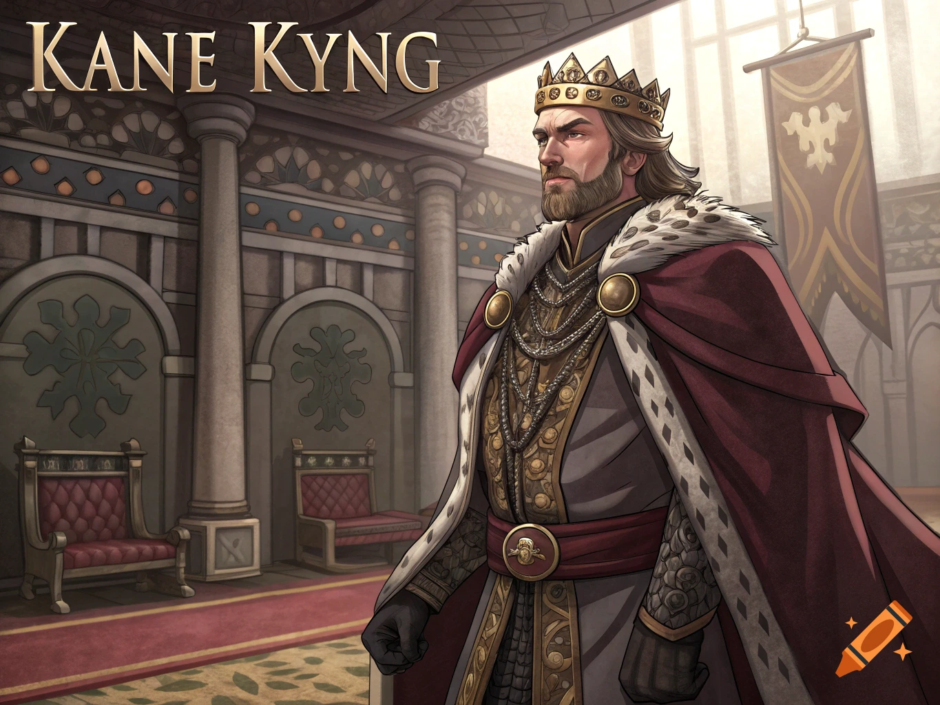 A majestic bearded king in a crown and regal, fur-trimmed robe stands ...