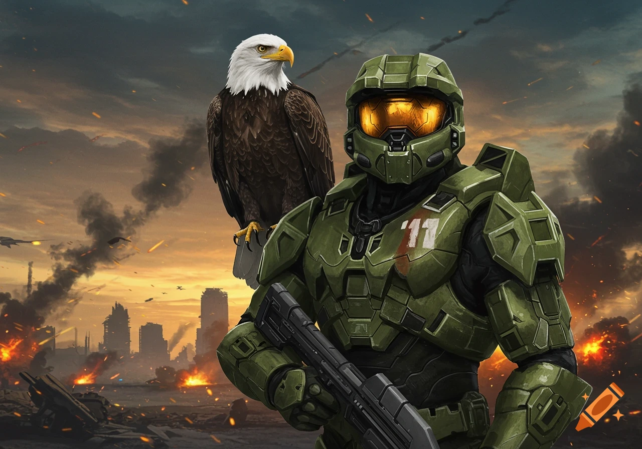 Master Chief and a bald eagle stand in a war-torn city with explosions ...