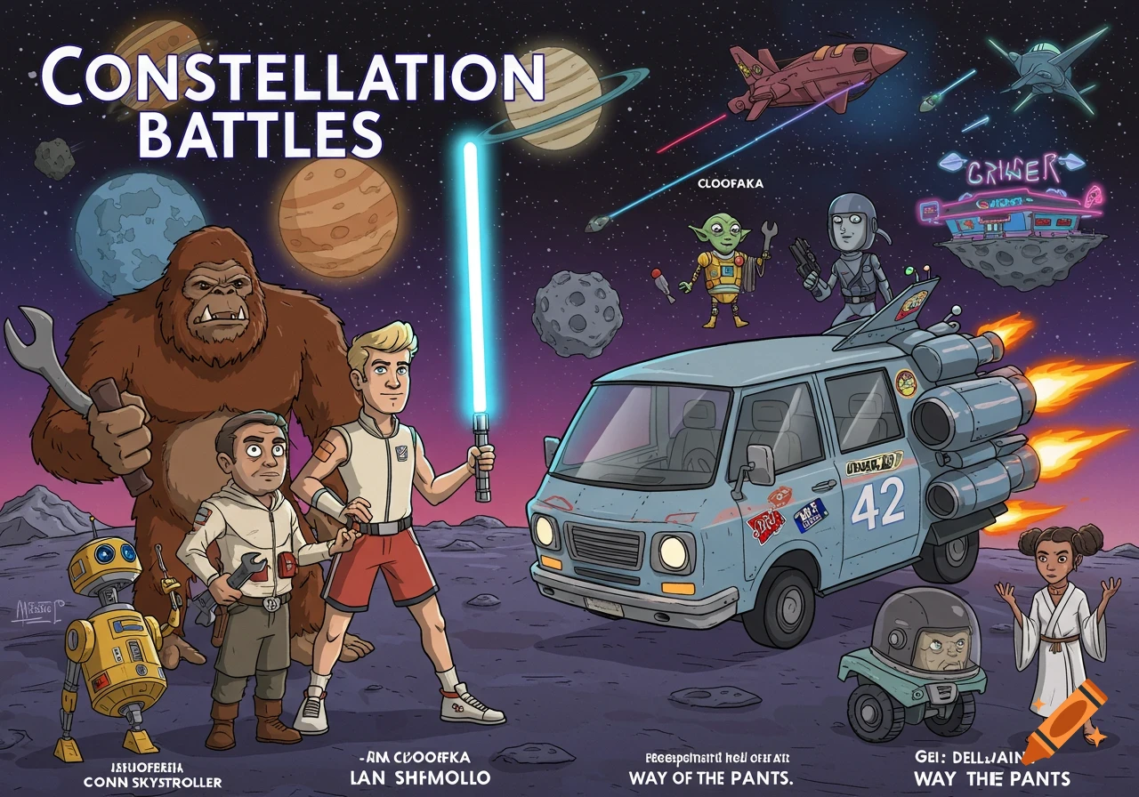 A colorful cartoon illustration titled 'Constellation Battles ...