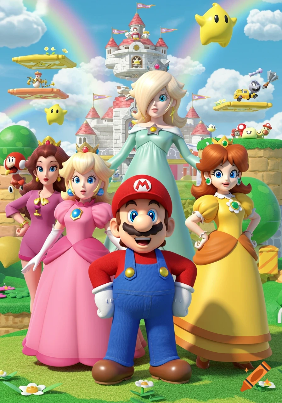 Mario, Princess Peach, Rosalina, Princess Daisy, and Pauline stand together in front of a castle ...