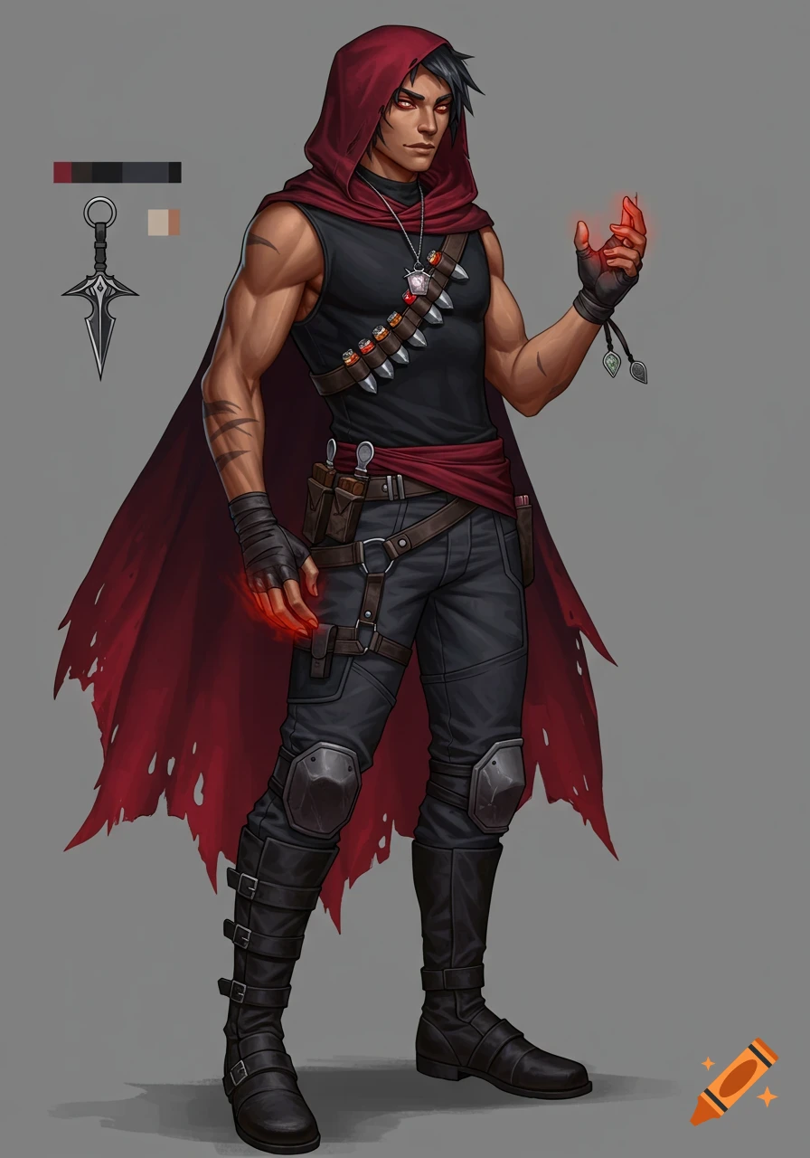 A muscular male character with a red hooded cloak, black sleeveless top ...