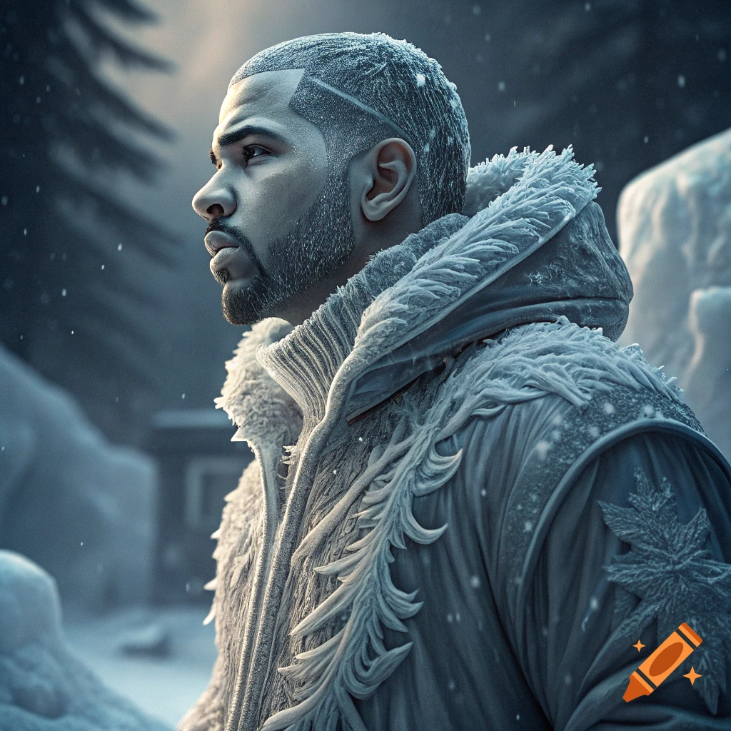 A man with a beard and icy hair, wearing a heavily frosted coat, stands ...