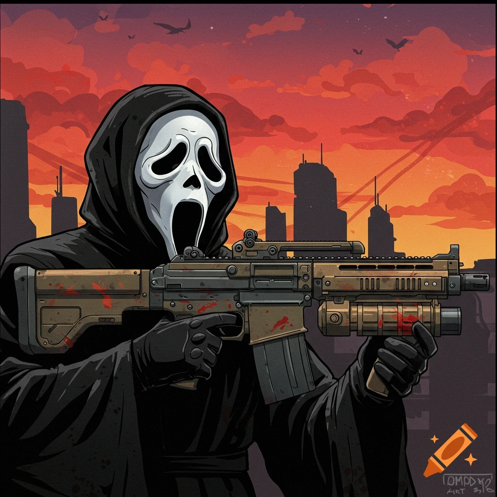 Cartoon Ghostface in a black robe holding a blood-splattered rifle ...