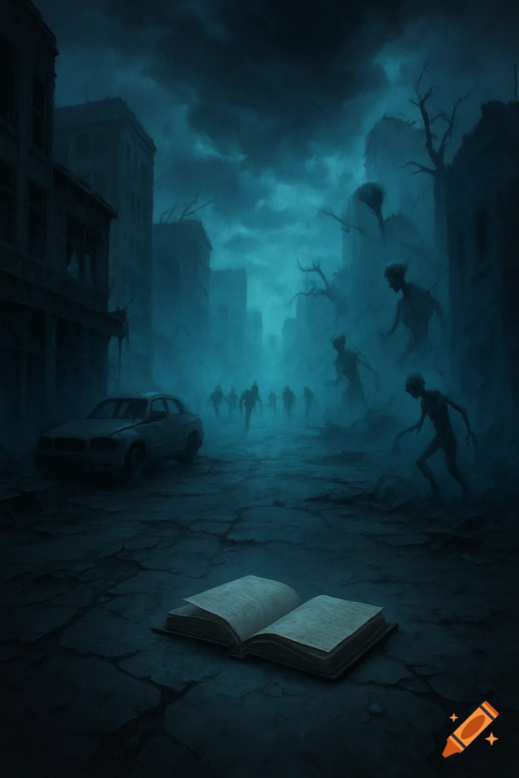 A dark, misty post-apocalyptic cityscape with crumbling buildings and a ...